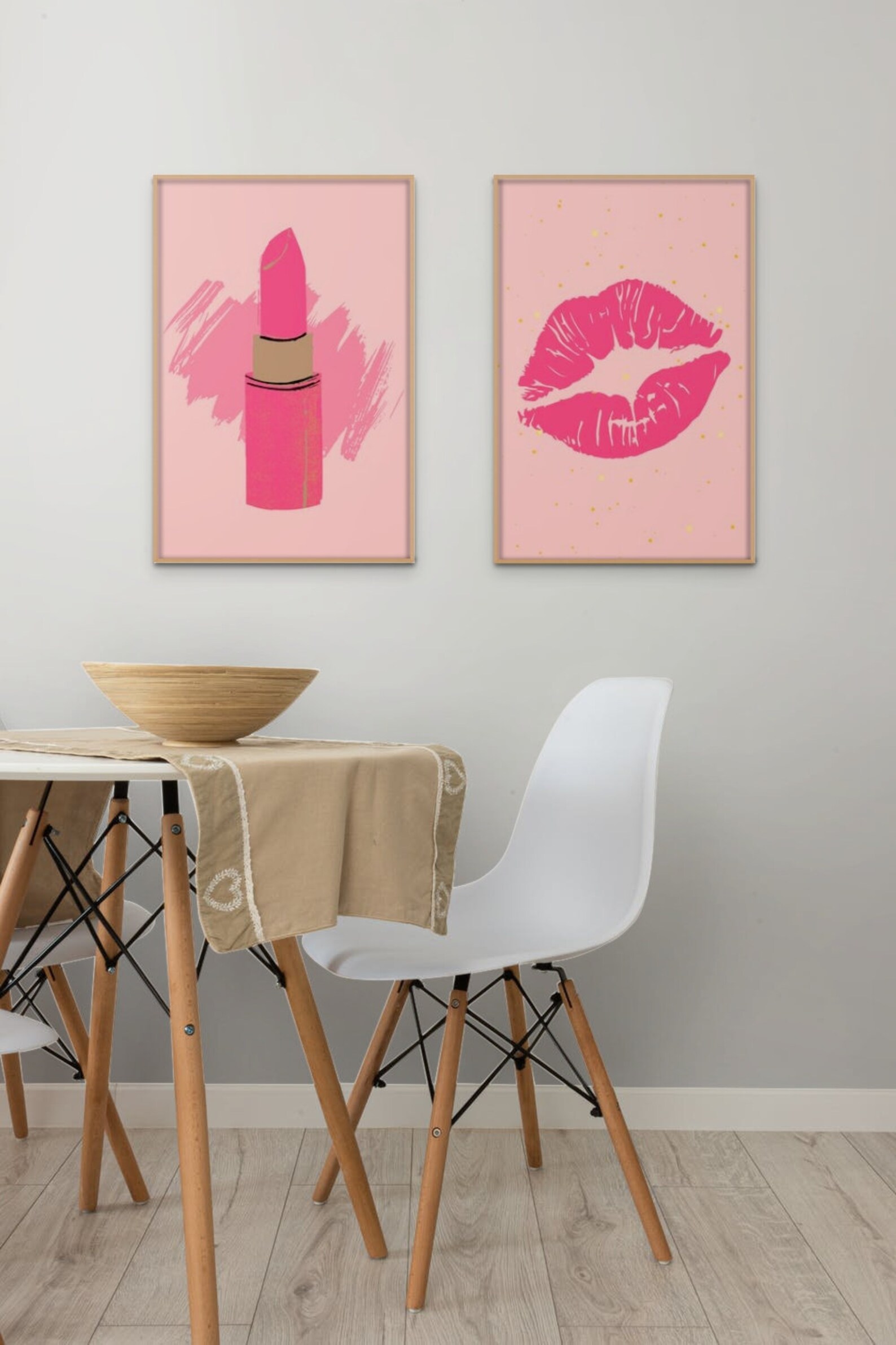 Preppy Wall Art, Set of Two, Lips and Lipstick, Pink Preppy Decor for ...