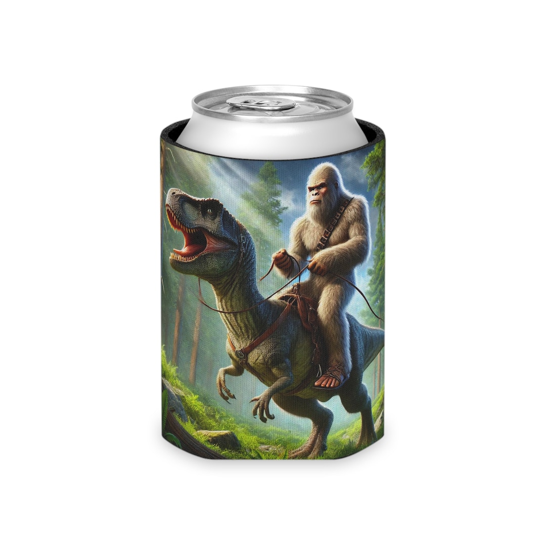 Bigfoot Riding a T-rex Insulated Can Cooler - Keep Your Drinks Chilled ...