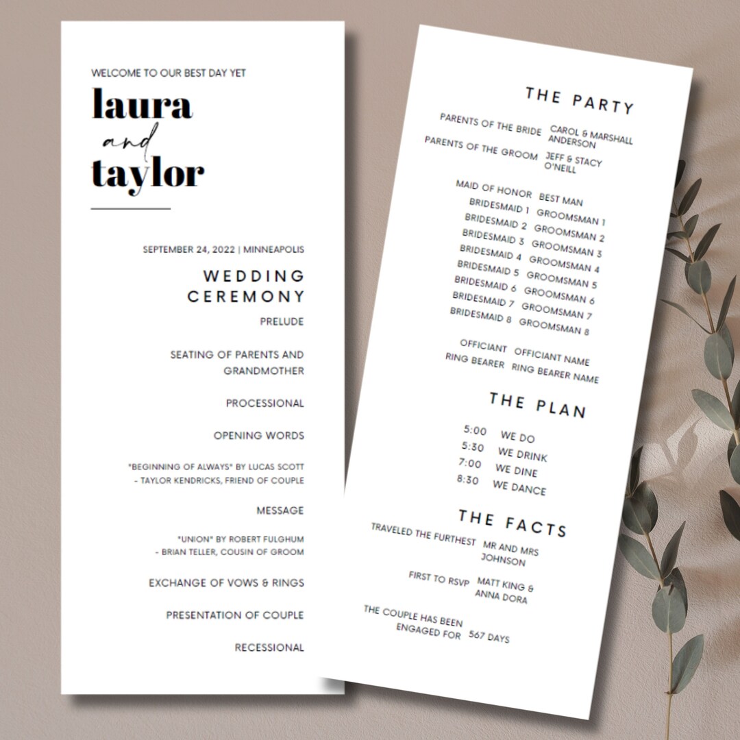 Modern Minimalist Wedding Ceremony Program Template Download, Editable ...