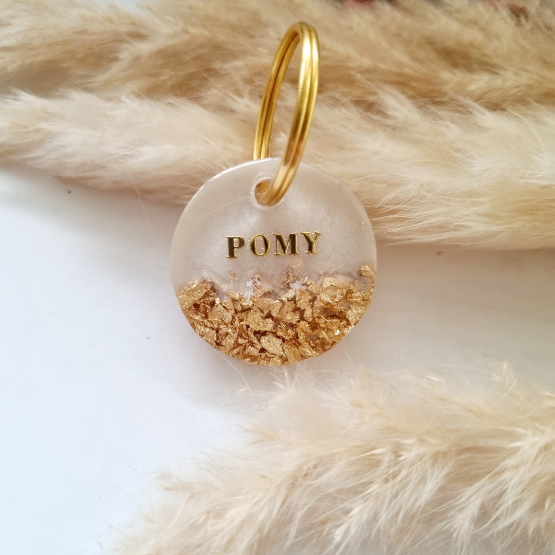 Médaillon rond pour collier chien et chat en résine et feuilles dorées ...