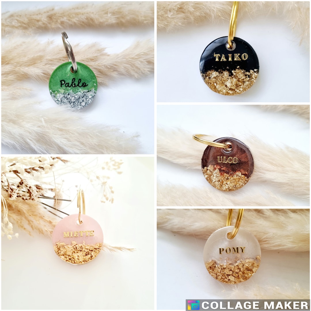 Médaillon rond pour collier chien et chat en résine et feuilles dorées ...