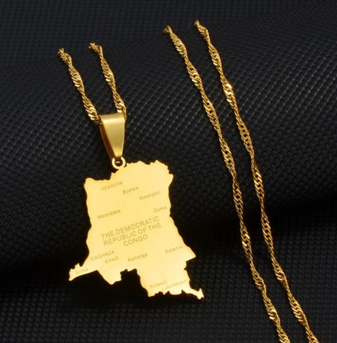 DRC Congo Map Outline With City Names Pendant Necklace, DRC Congo Map ...