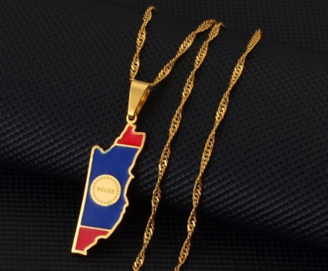 Belize Map Outline Charm & Chain Set, Flag of Belize Pendant Necklace ...
