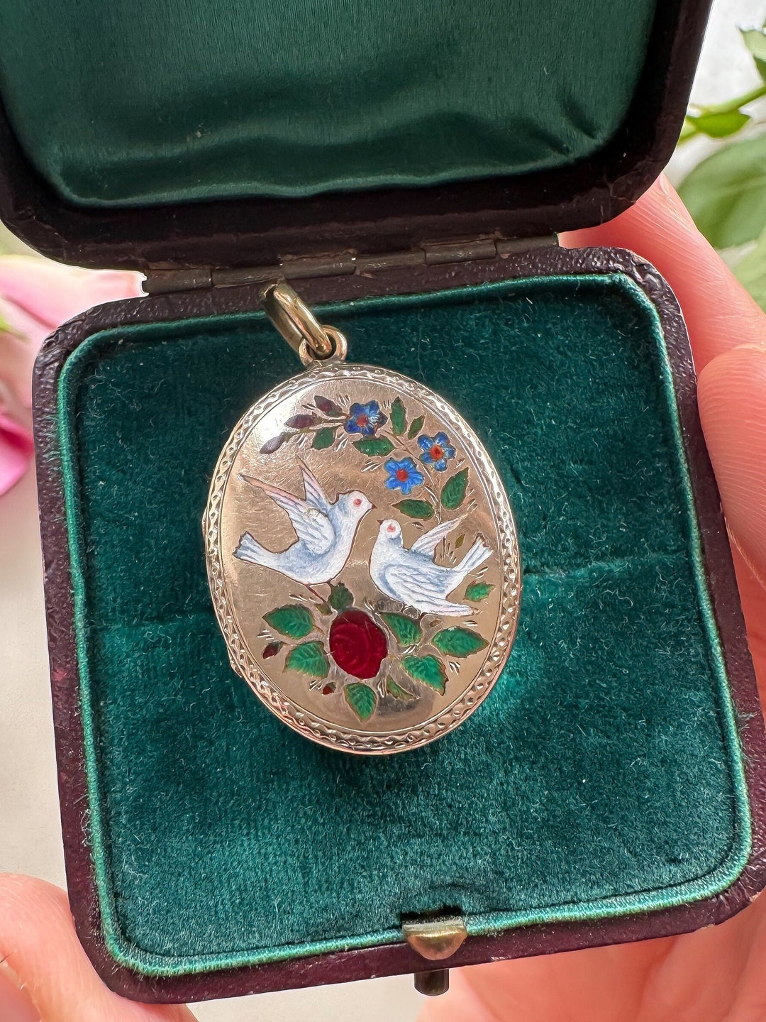 Antique 9ct Gold Enamel Mourning Locket - Forget Me Not Locket, Roses ...