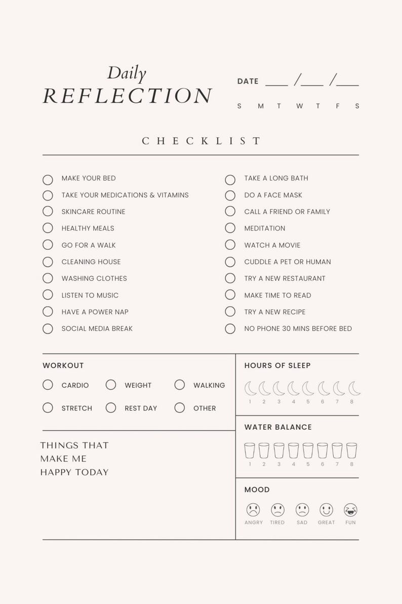 Daily Self Reflection Tracker Printable, Daily Self Care Checklist ...