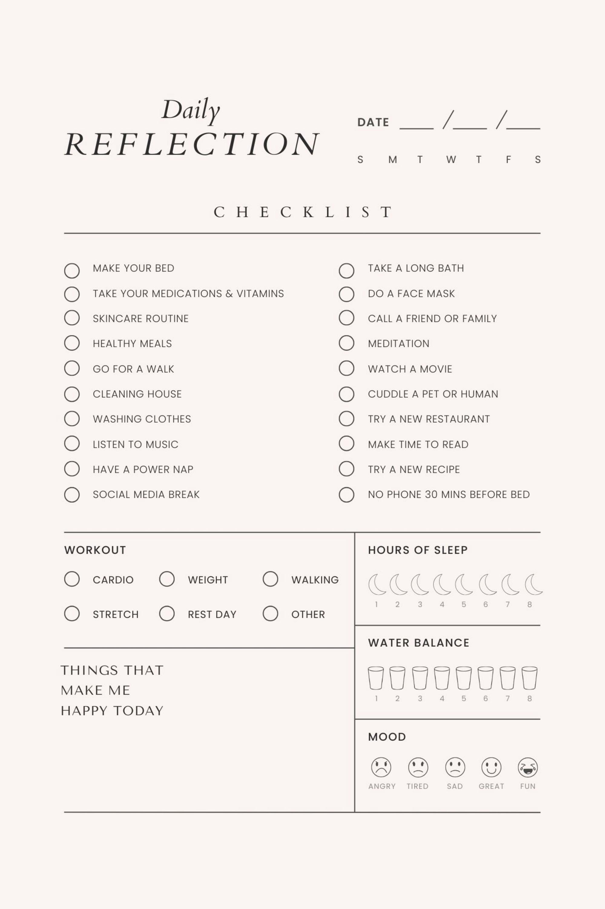 Daily Self Reflection Tracker Printable, Daily Self Care Checklist ...