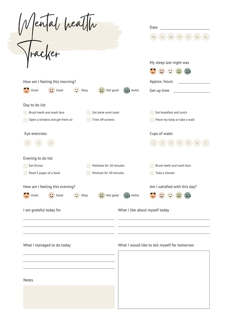 Mental Health Checklist Printable, Daily Mental Health Tracker, Letter ...