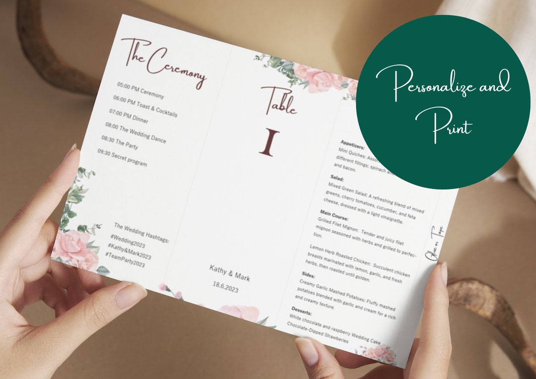 Gorgeous Wedding Tri-fold Table Template Card With Flowers, Size A4 ...