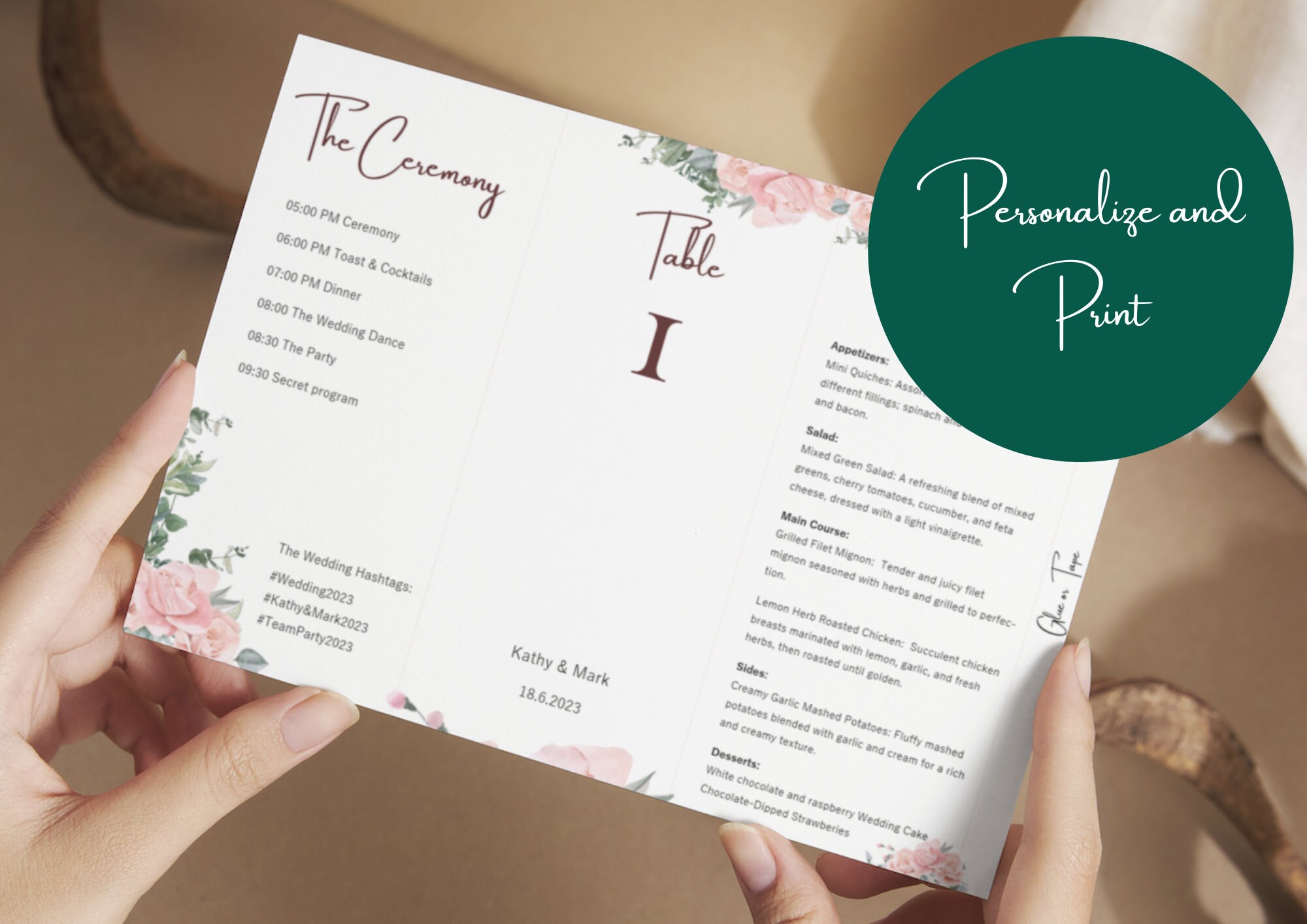 Gorgeous Wedding Tri-fold Table Template Card With Flowers, Size A4 ...