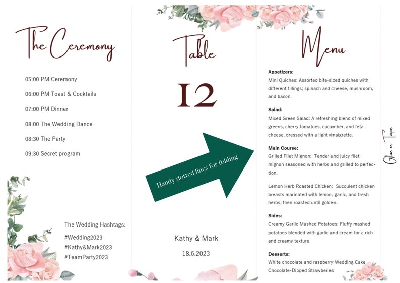 Gorgeous Wedding Tri-fold Table Template Card With Flowers, Size A4 ...
