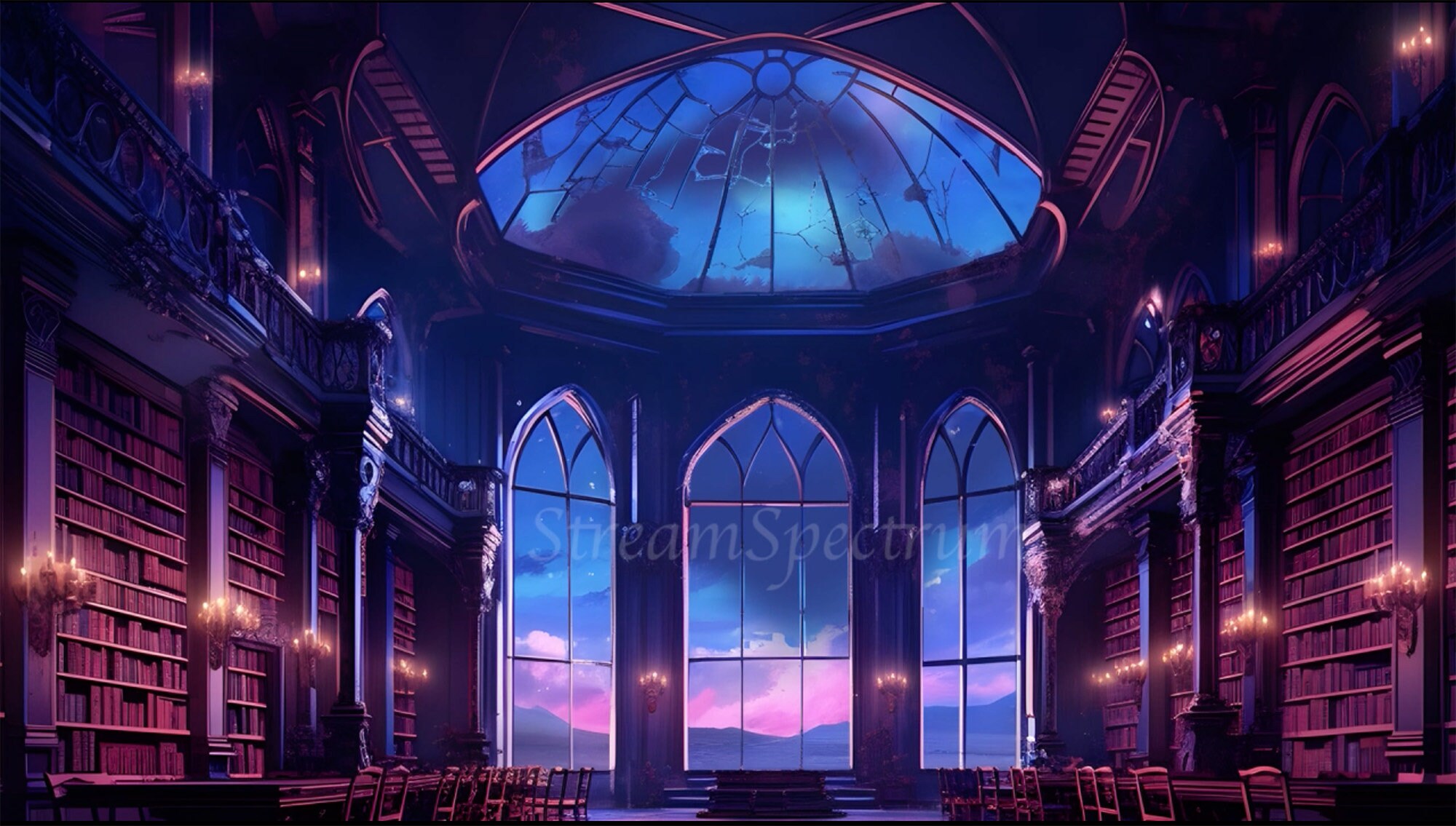 Animated Background Medieval Library Rainy Night Scene Lightning