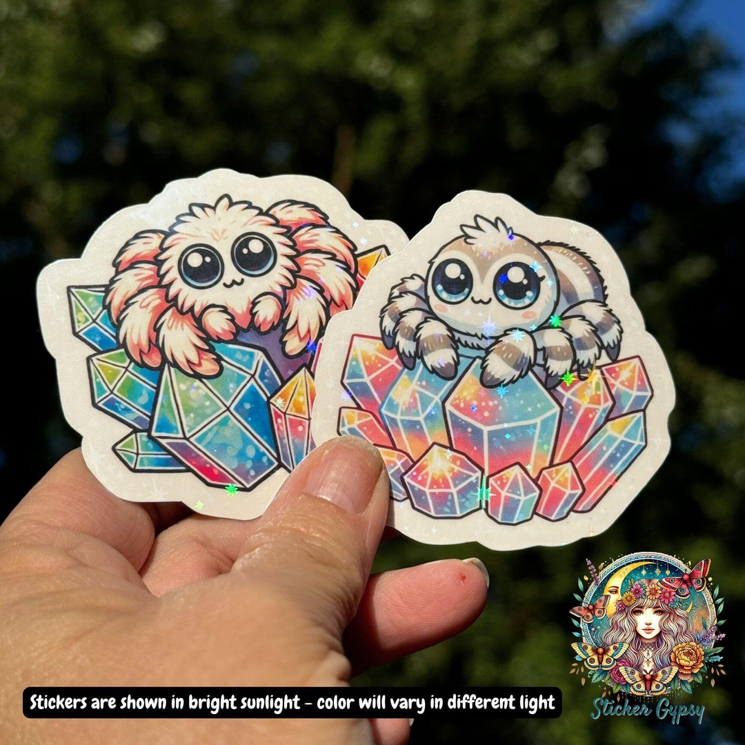 Cute Jumping Spider Sticker Set on Colorful Selenium Crystals ...