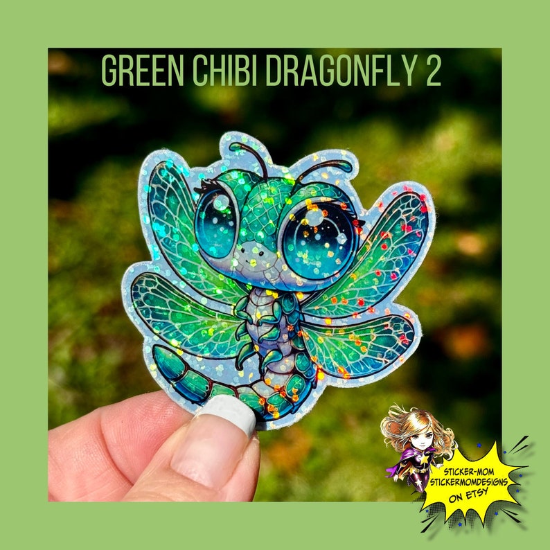 Chibi Dragonfly Sticker Set - Green Holographic Dot. 4 Adorable 2 Inch ...