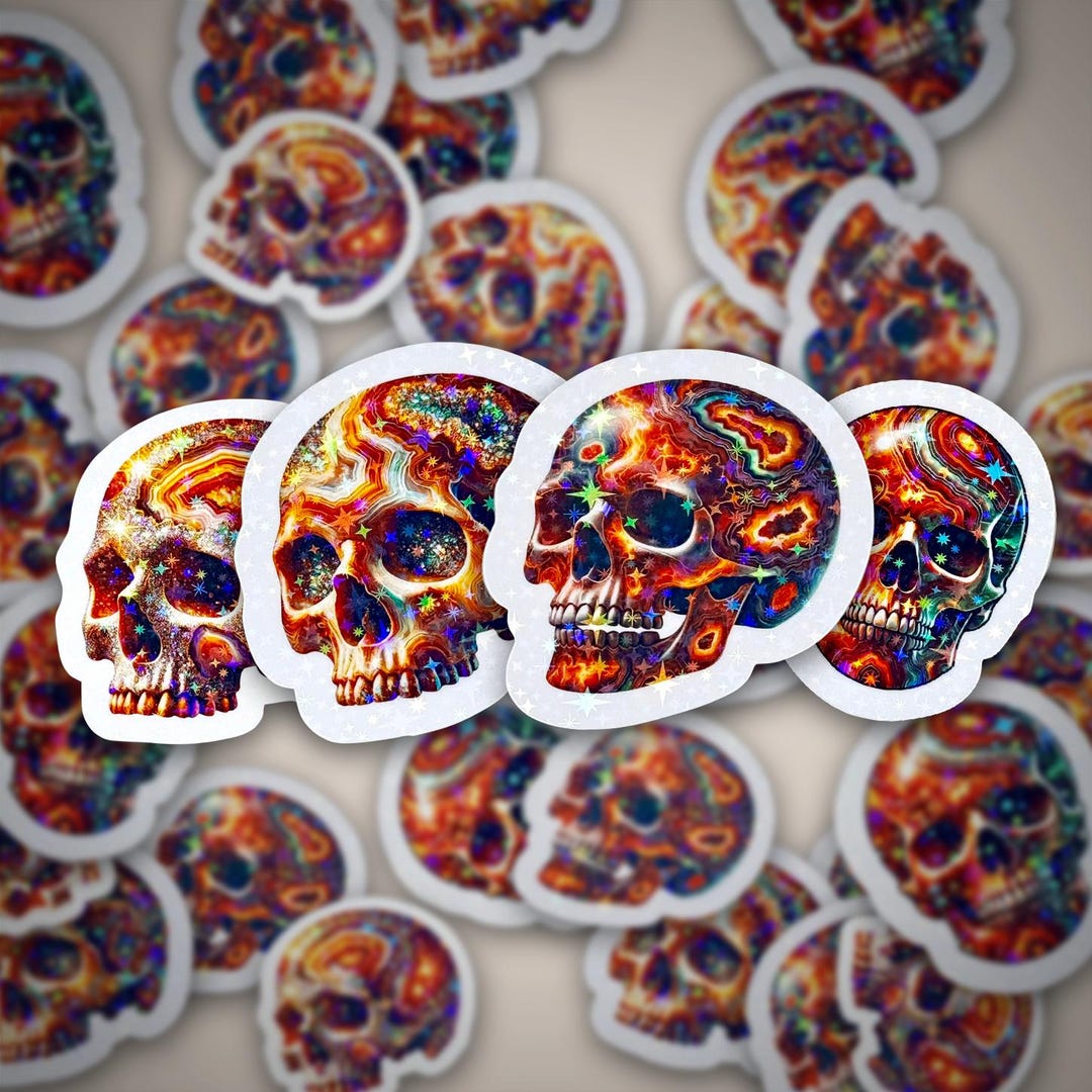 Fire Agate Skull Sticker Set – 4 Holographic Star Sparkle Crystal Skull ...