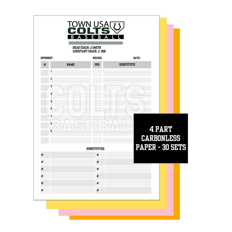 Custom Baseball or Softball Lineup Cards - 4 Part Carbonless - 30 Sets ...