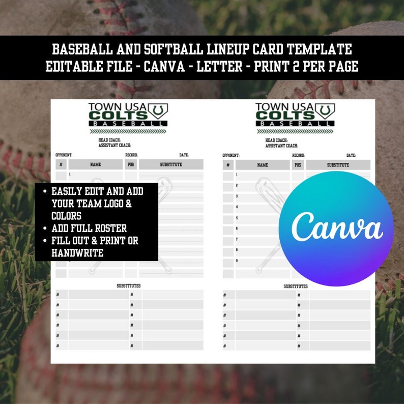 Baseball Line up Card Template, Softball Line up Card Template, Digital ...