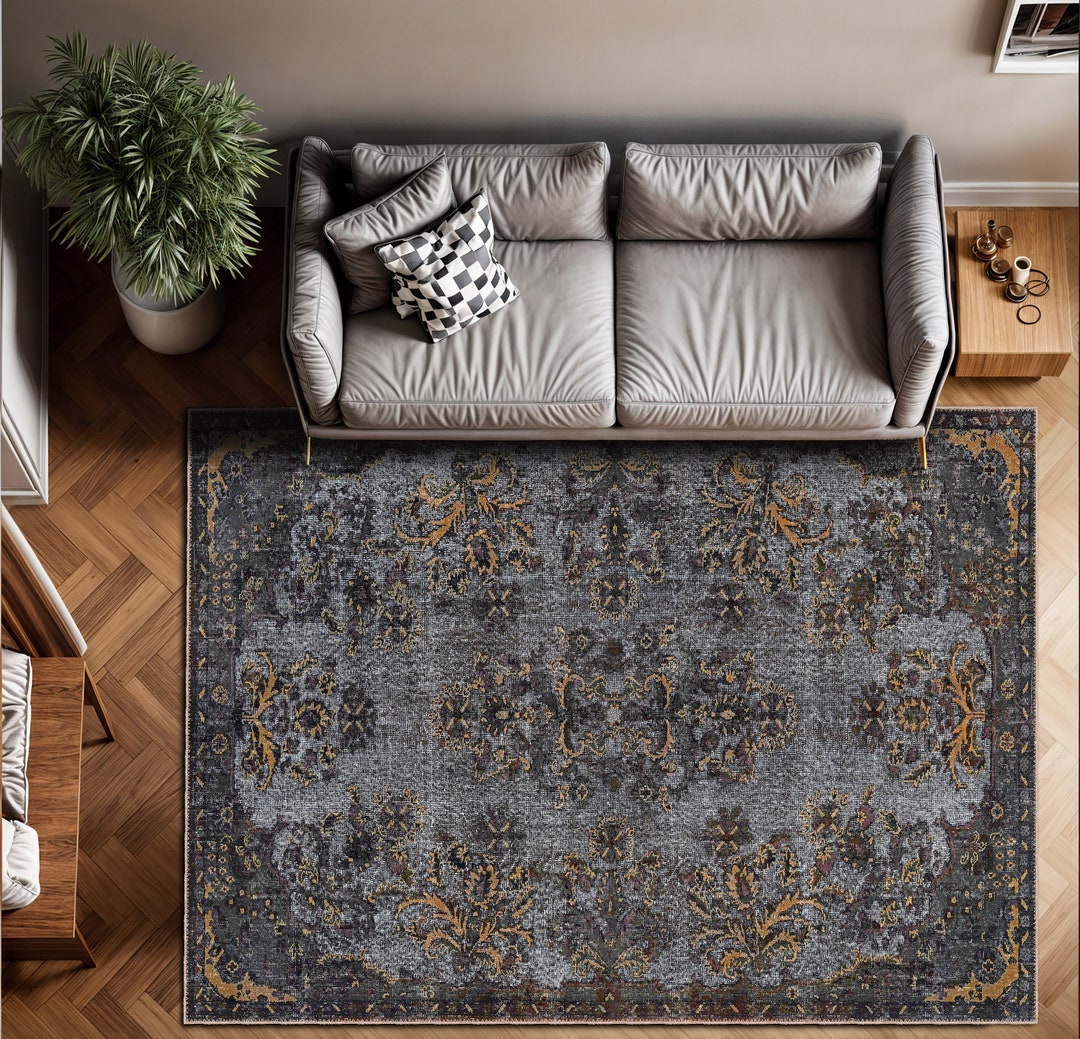 Hand Knotted Black and Yellow Rug Oriental Rug for Living Room Moody ...