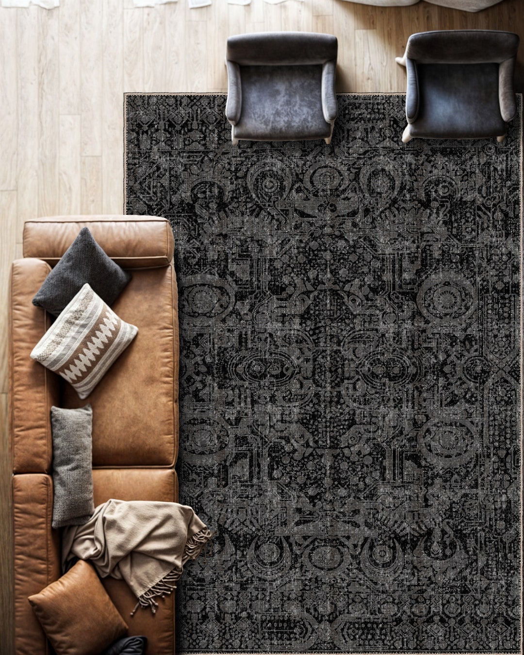 Black Dark Moody Rug Custom Size Oriantel Rug for Living Room Modern ...