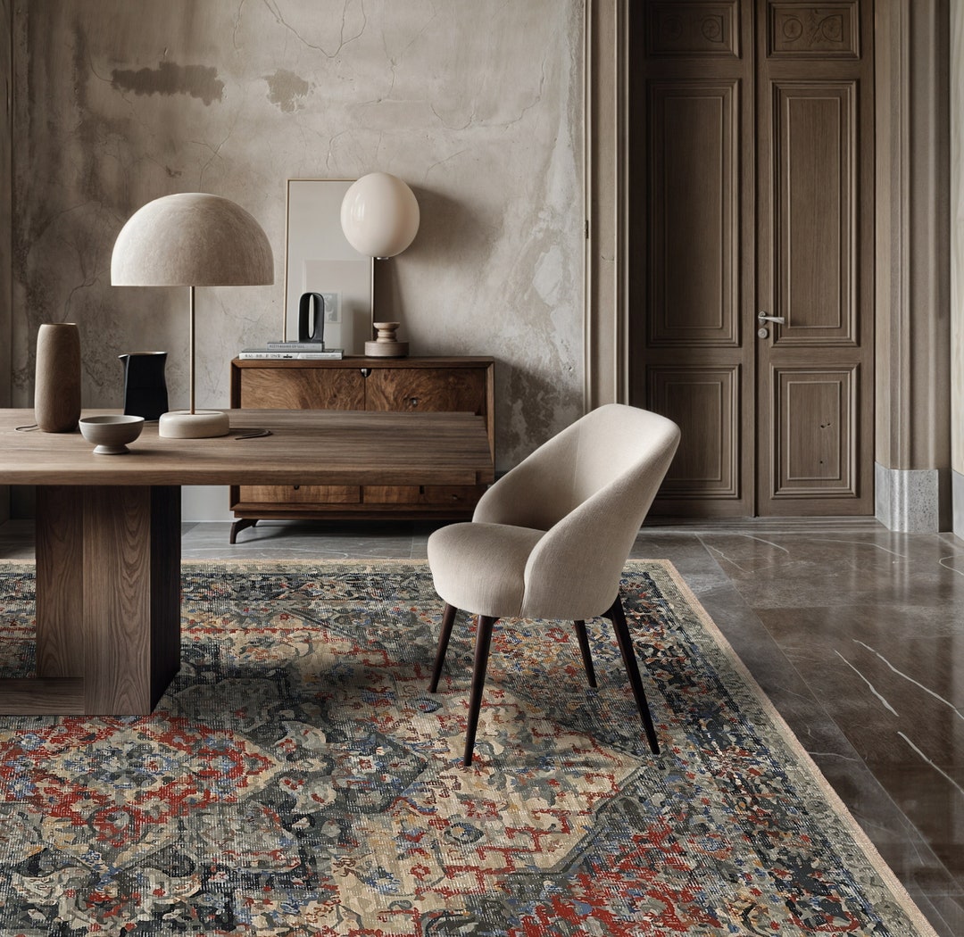 Dark Green Terracotta Oriental Rug Beige Heriz Rug Vintage Turkish Rug ...