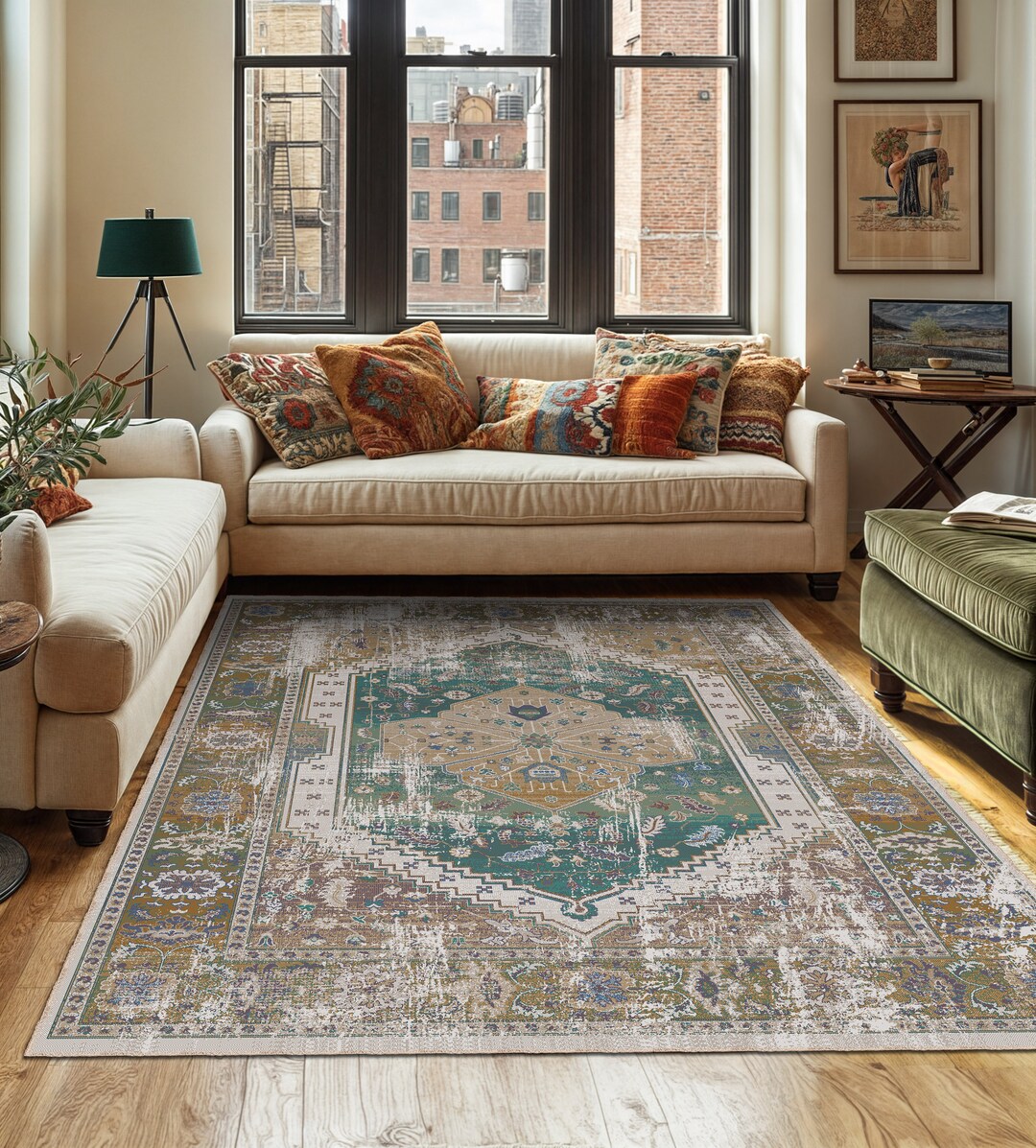 Green Persian Style Heriz Rug Vintage Turkish Rug Round Rug for Living ...