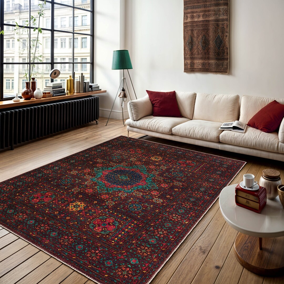 Traditional Heriz Style Dark Burgundy Rug Turkish Anatolian Oriental ...