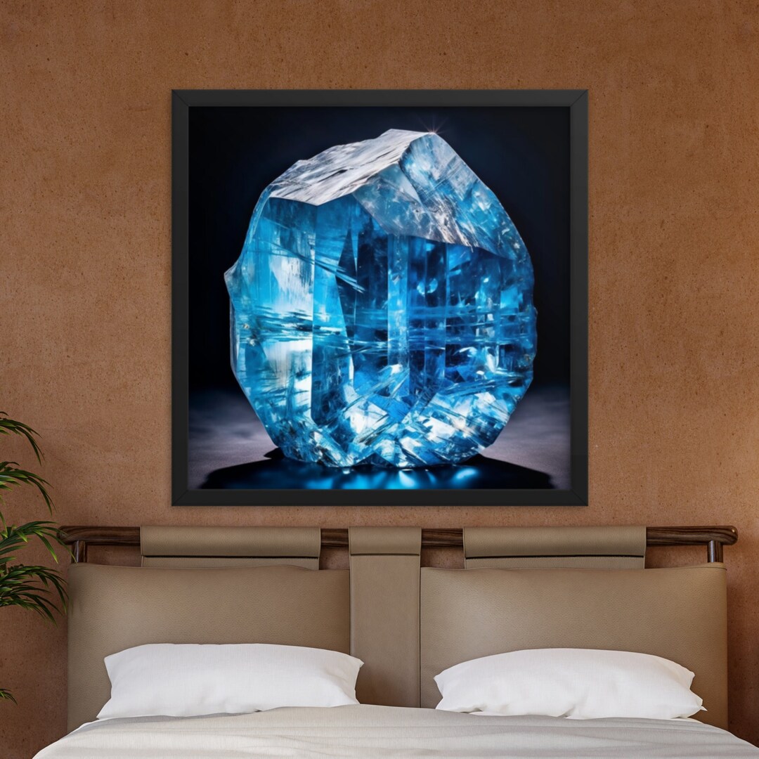Large Blue Crystal Framed Wall Art Decor Elegant Aquamarine Gemstone ...