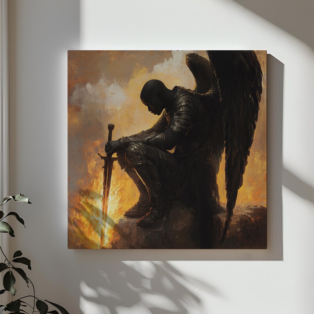 Black Archangel Canvas Wall Art , Gothic Warrior Angel With Flaming ...