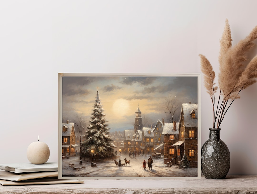 Christmas Village Print Poster, Christmas Village Wall Art, Christmas Oil Painting Poster ...