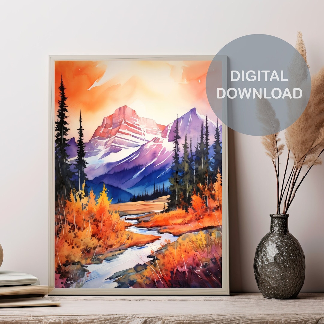 Alberta Rocky Mountain Watercolor Digital Art Print Alberta - Etsy