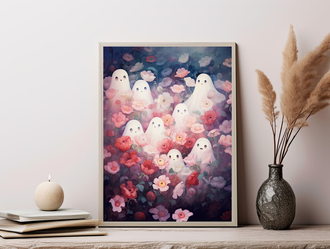 Retro Pastel Red and Pink Roses With Ghosts Wall Painting, Halloween Room Art, Watercolor Flower ...