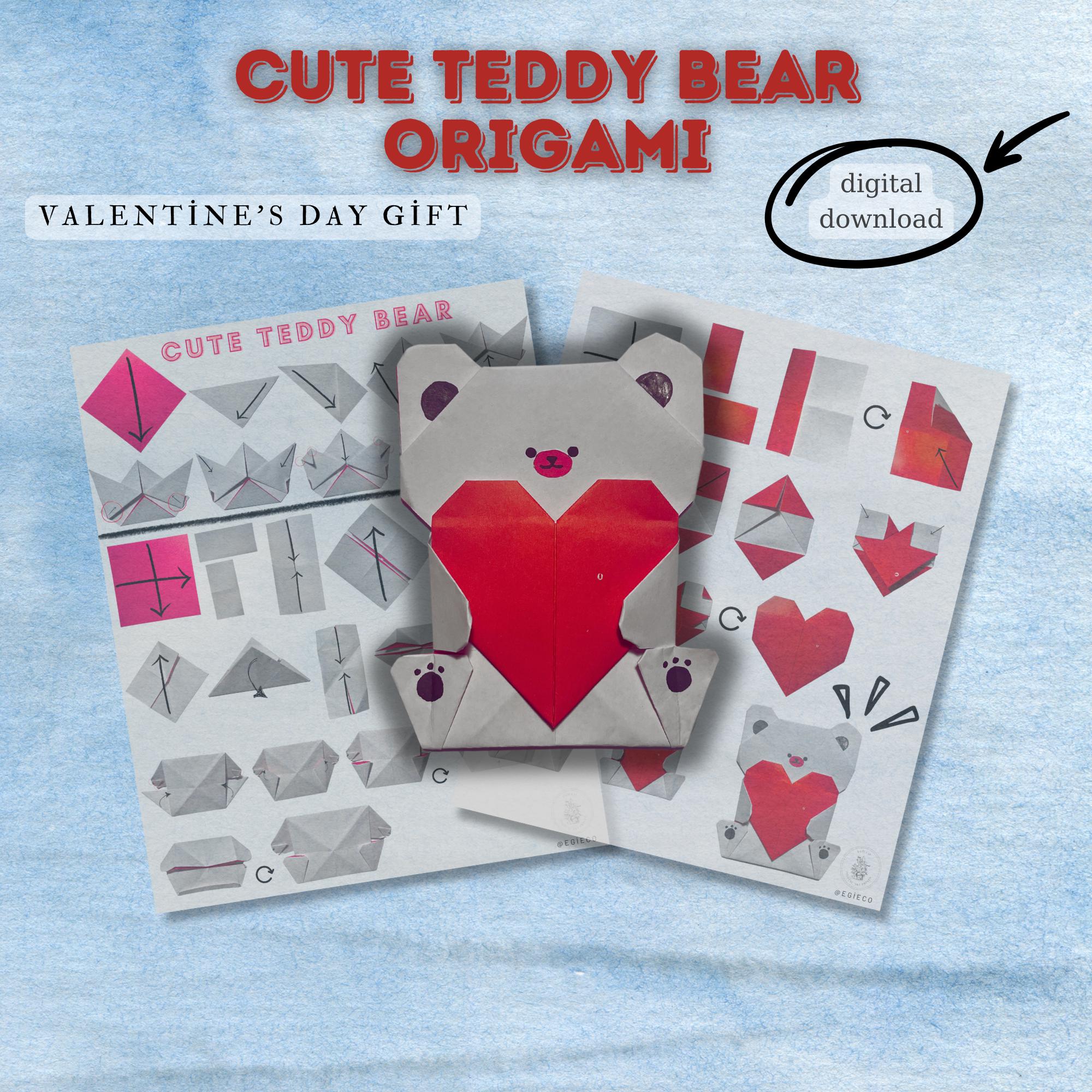 Cute Teddy Bear Origami Printable Instructions Valentines Day Gift Origami Instant Download ...