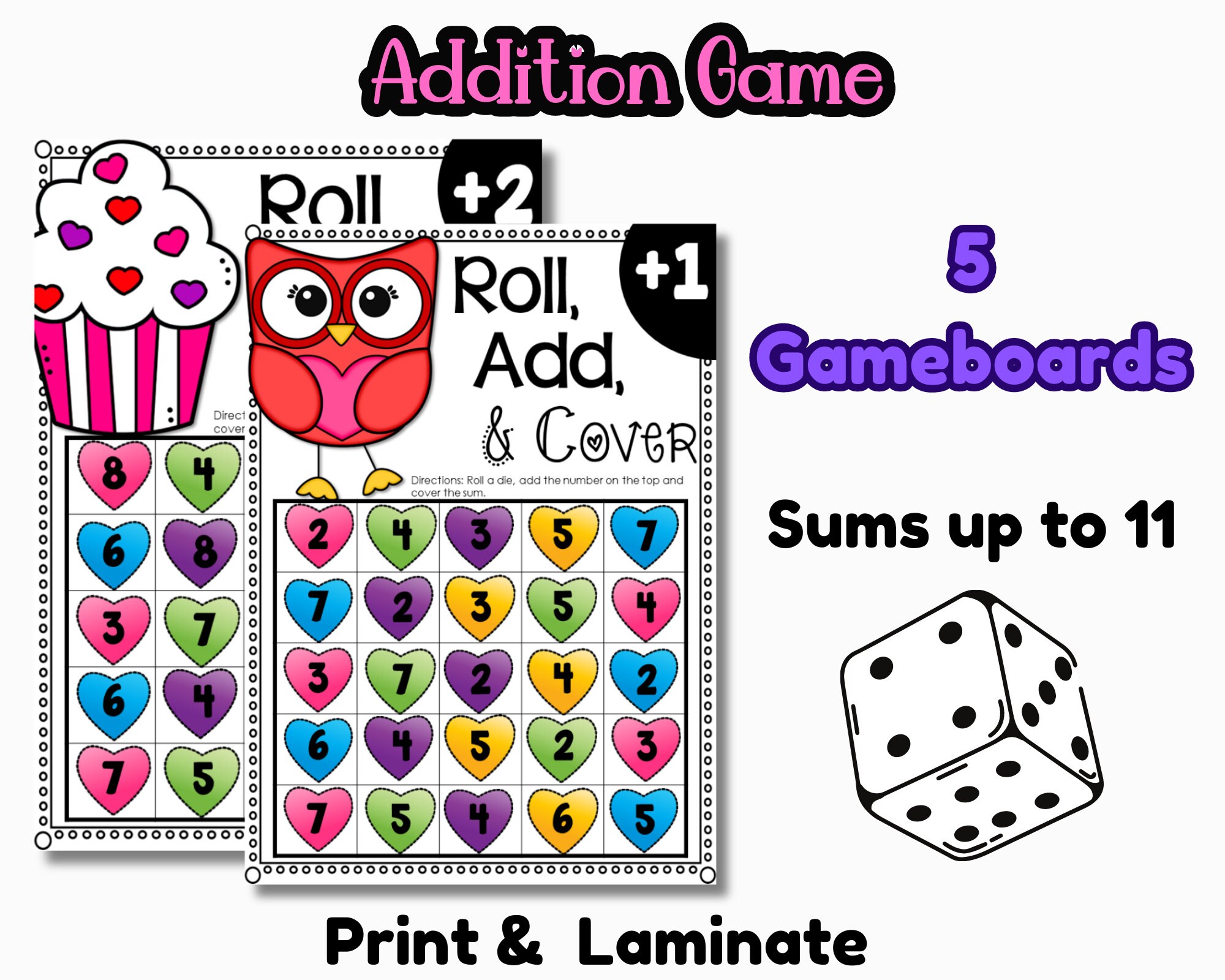 Roll, Add, & Cover Addition Game -kindergarten- Homeschool- Valentines ...