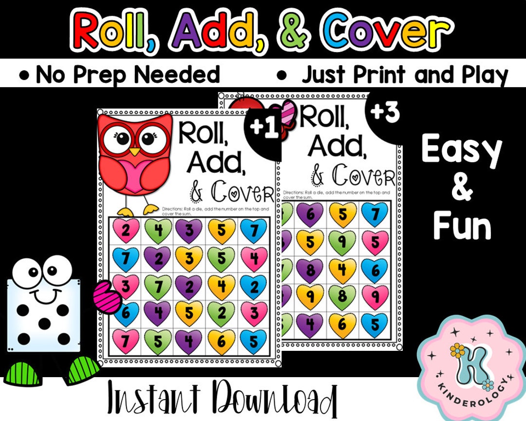 Roll, Add, & Cover Addition Game -kindergarten- Homeschool- Valentines ...