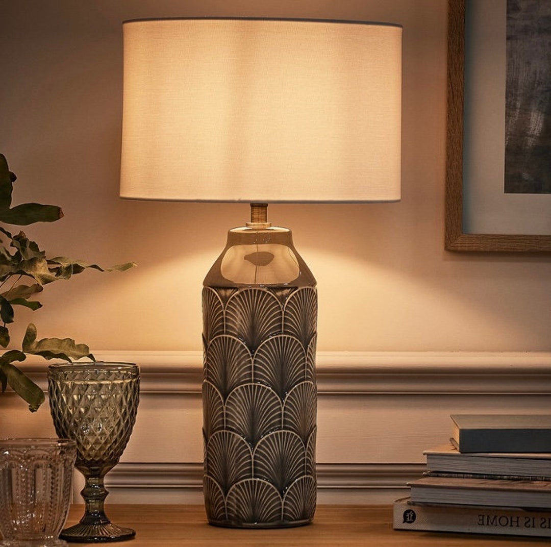 Stunning Grey Embossed Ceramic Table Lamp Ivory Shade Home Decor ...