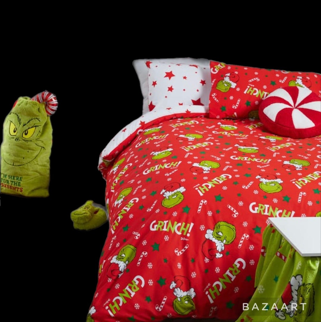 Stunning Christmas Grinch Double Bedding Set Glow in the Dark Green Red ...