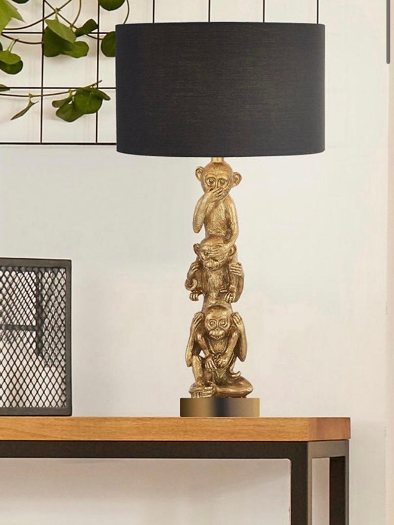 Stunning Gold & Black Stacked Monkey Table Lamp No Speak No Hear No See ...