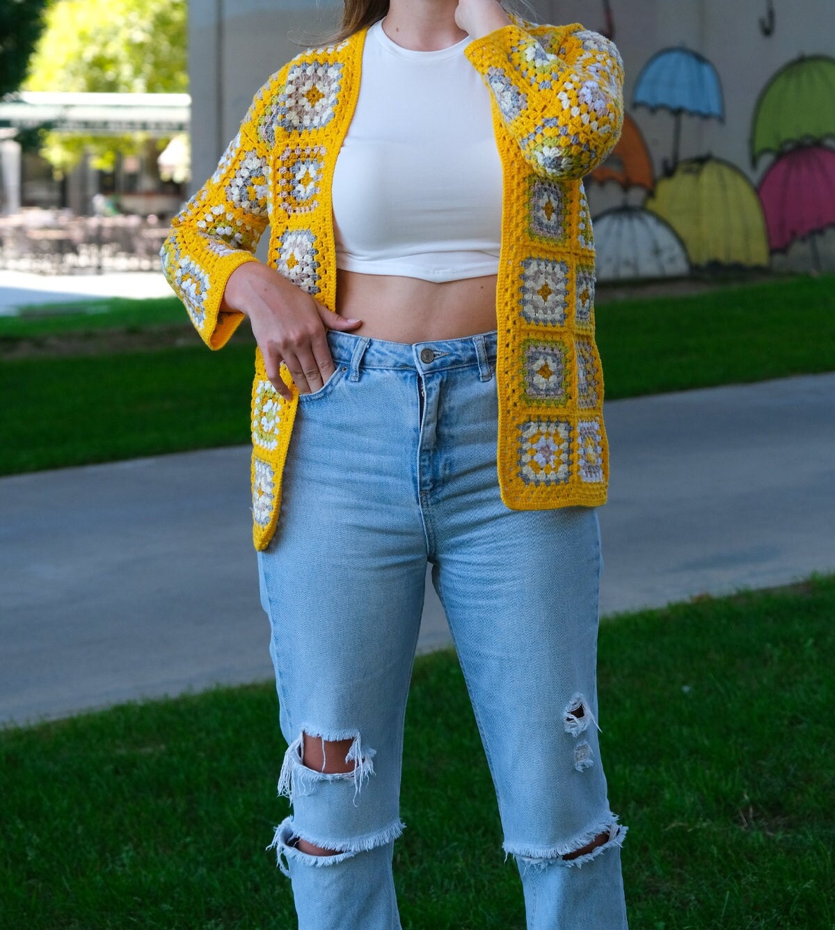 Colorful Yellow Granny Square Cardigan Vintage Style Cotton Natural ...