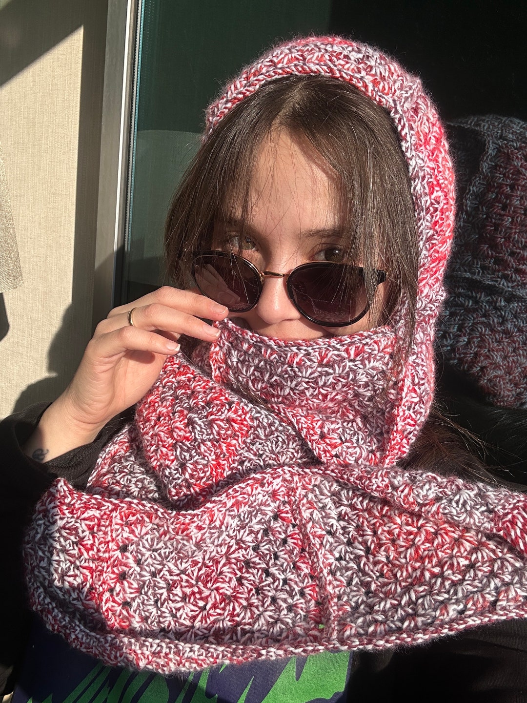 Colorful Crochet Balaclava Scarf, Handmade Cotton Granny Square Winter ...