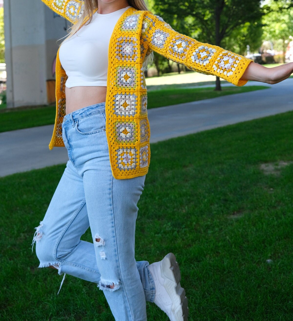 Colorful Yellow Granny Square Cardigan Vintage Style Cotton Natural ...