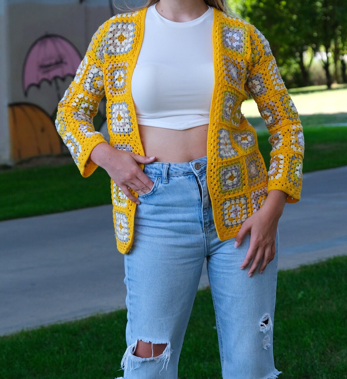 Colorful Yellow Granny Square Cardigan Vintage Style Cotton Natural ...
