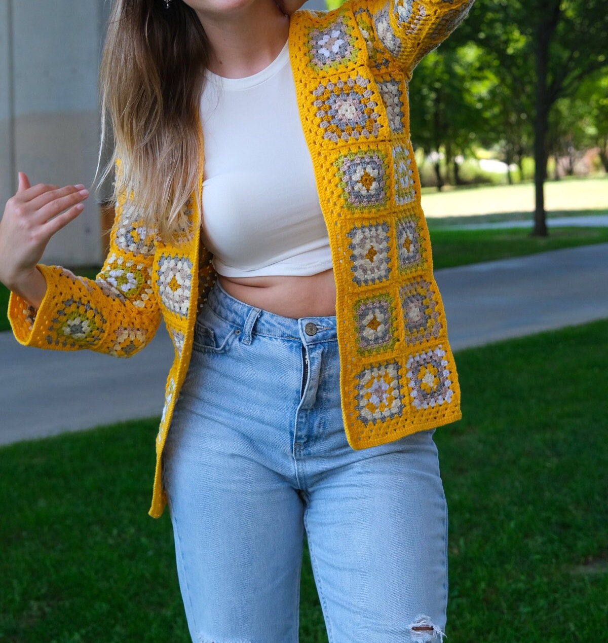 Colorful Yellow Granny Square Cardigan Vintage Style Cotton Natural ...