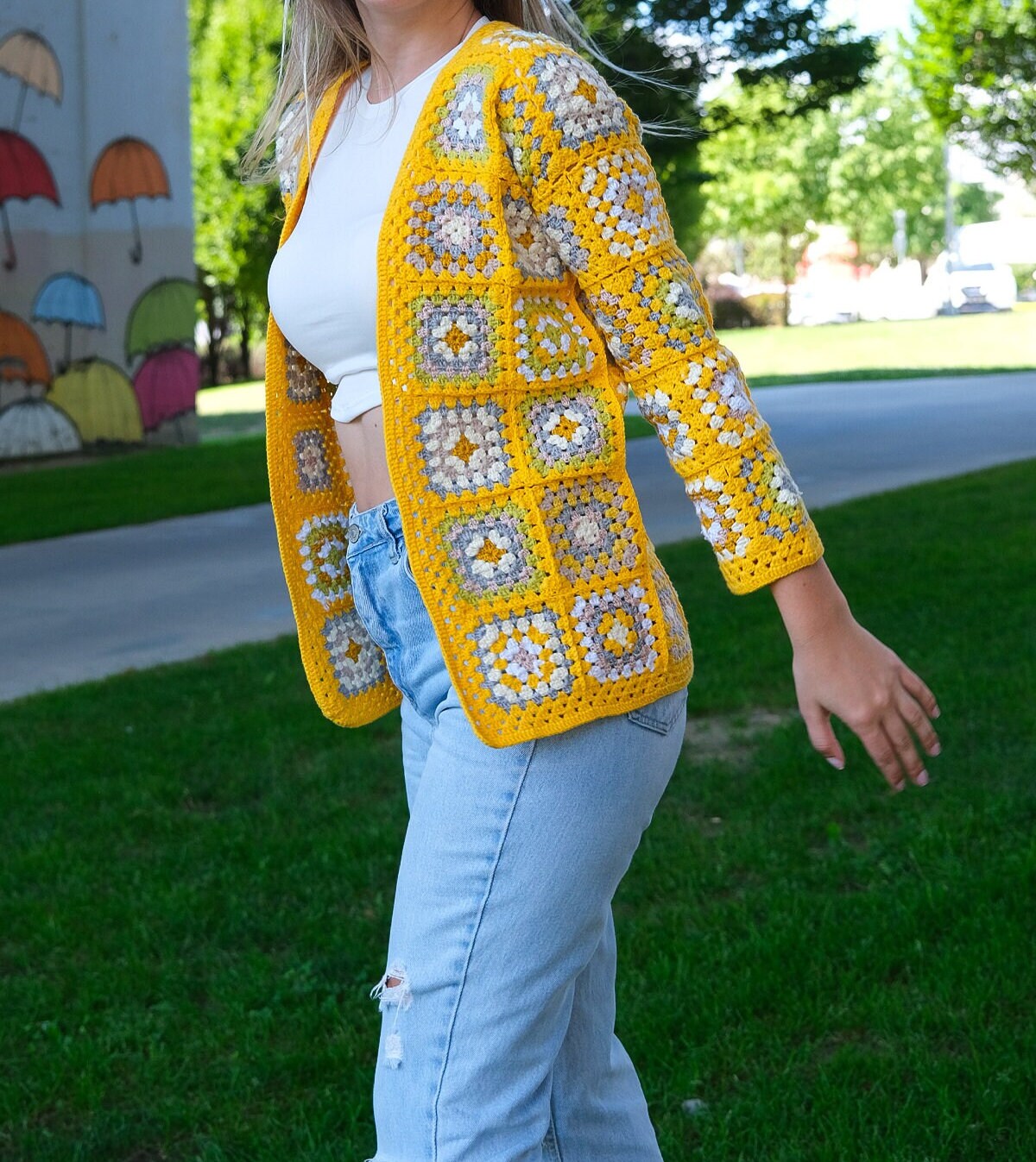 Colorful Yellow Granny Square Cardigan Vintage Style Cotton Natural ...