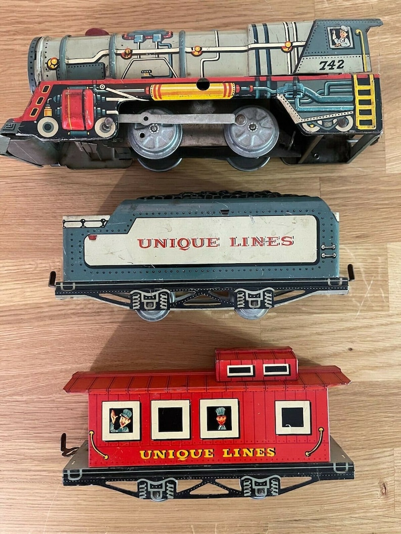 UNIQUE Vintage 1950'S Art LOCOMOTIVE MECHANICAL #742 Train Set and 2 ...