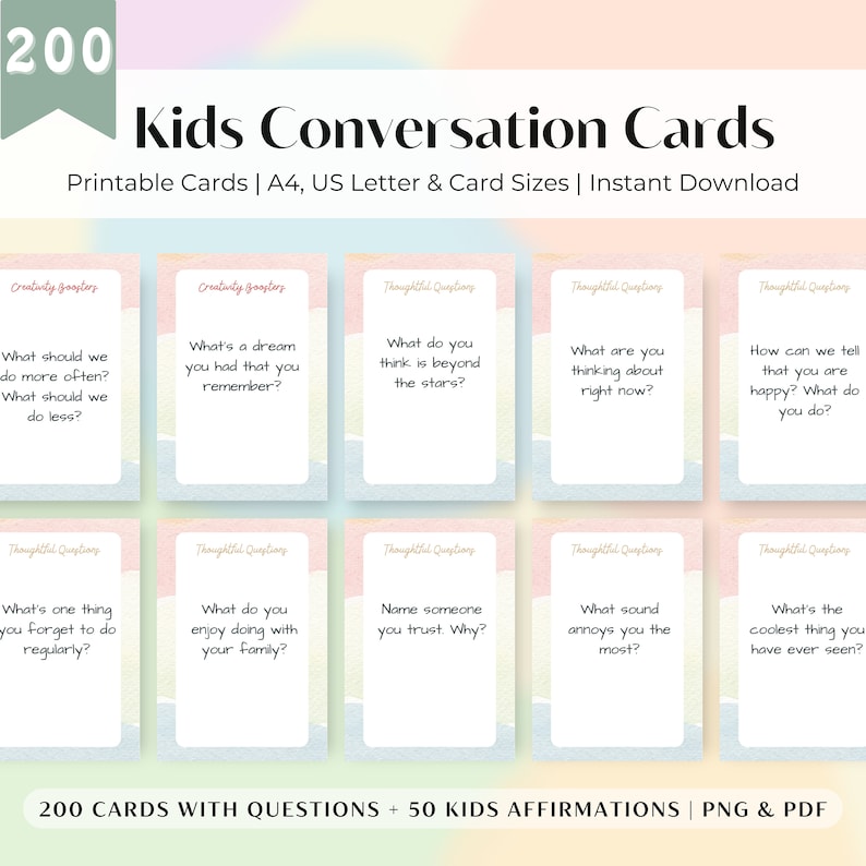 Kids Conversation Cards: 250 Printable Questions & Affirmations ...