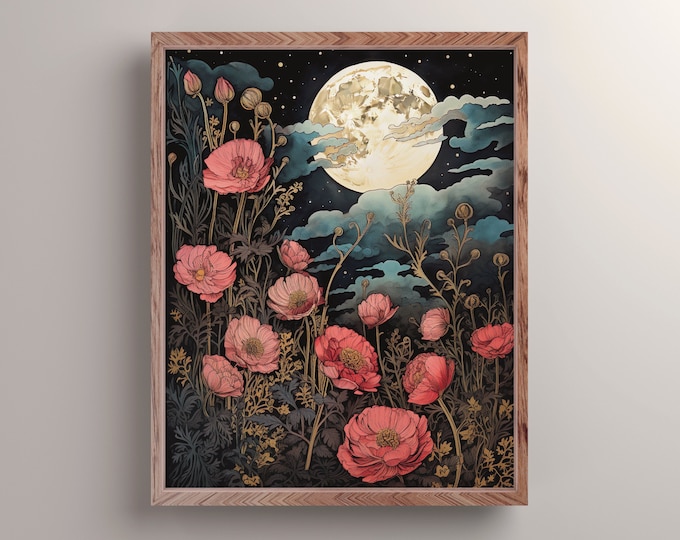 Celestial Poppy Flowers Poster Print Floral Poppies Wall Art Full Moon ...