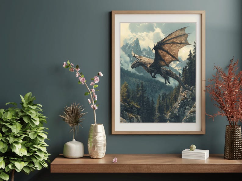 Mythical Dragon Taking Flight Art Print, Dark Academia Wall Decor ...