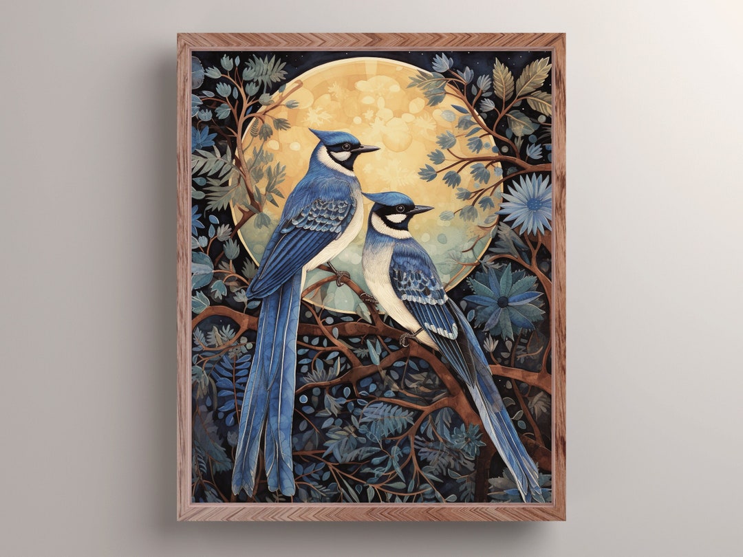 Blue Jays at Full Moon Art Print, Cottagecore Bird Wall Decor ...