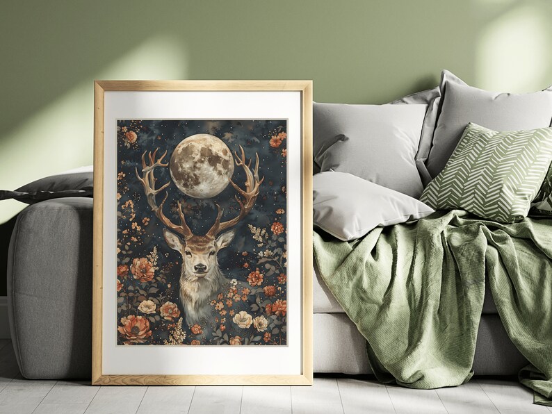 Stag Under the Full Moon Art Print, Forestcore Wall Art, Dark ...