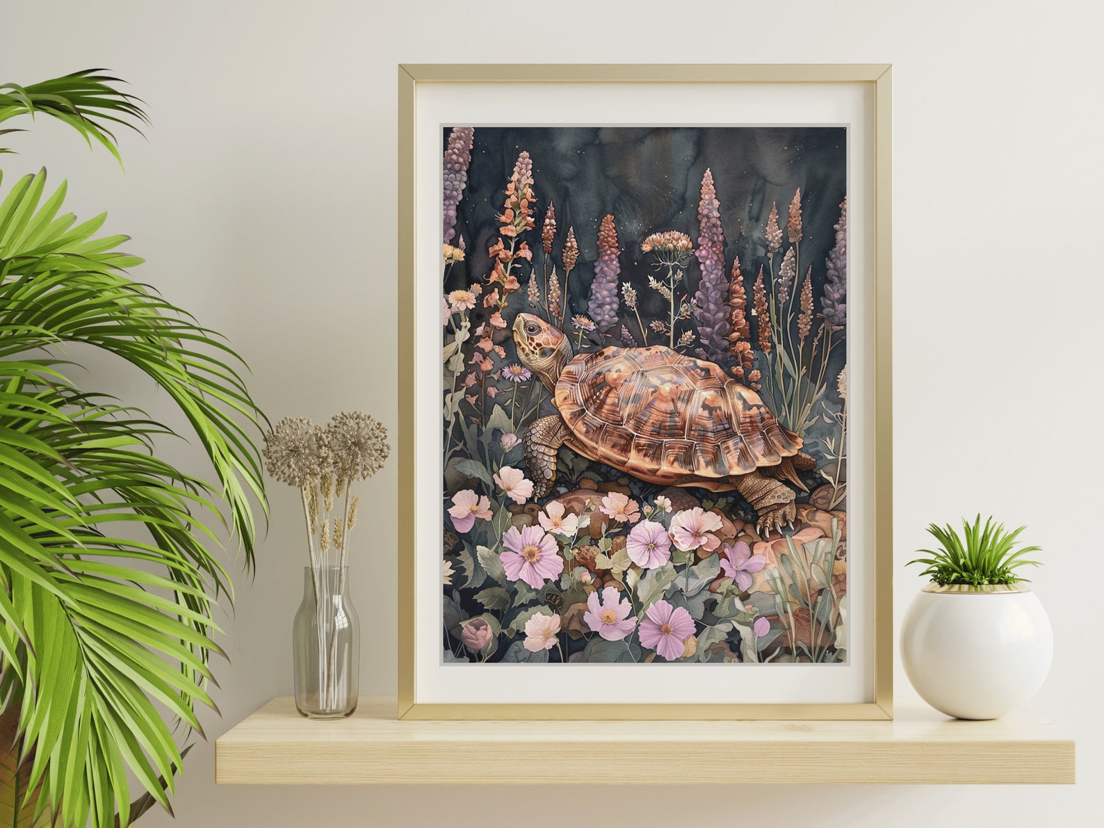 Turtle in Flower Meadow Art Print, Botanical Tortoise Wall Decor ...