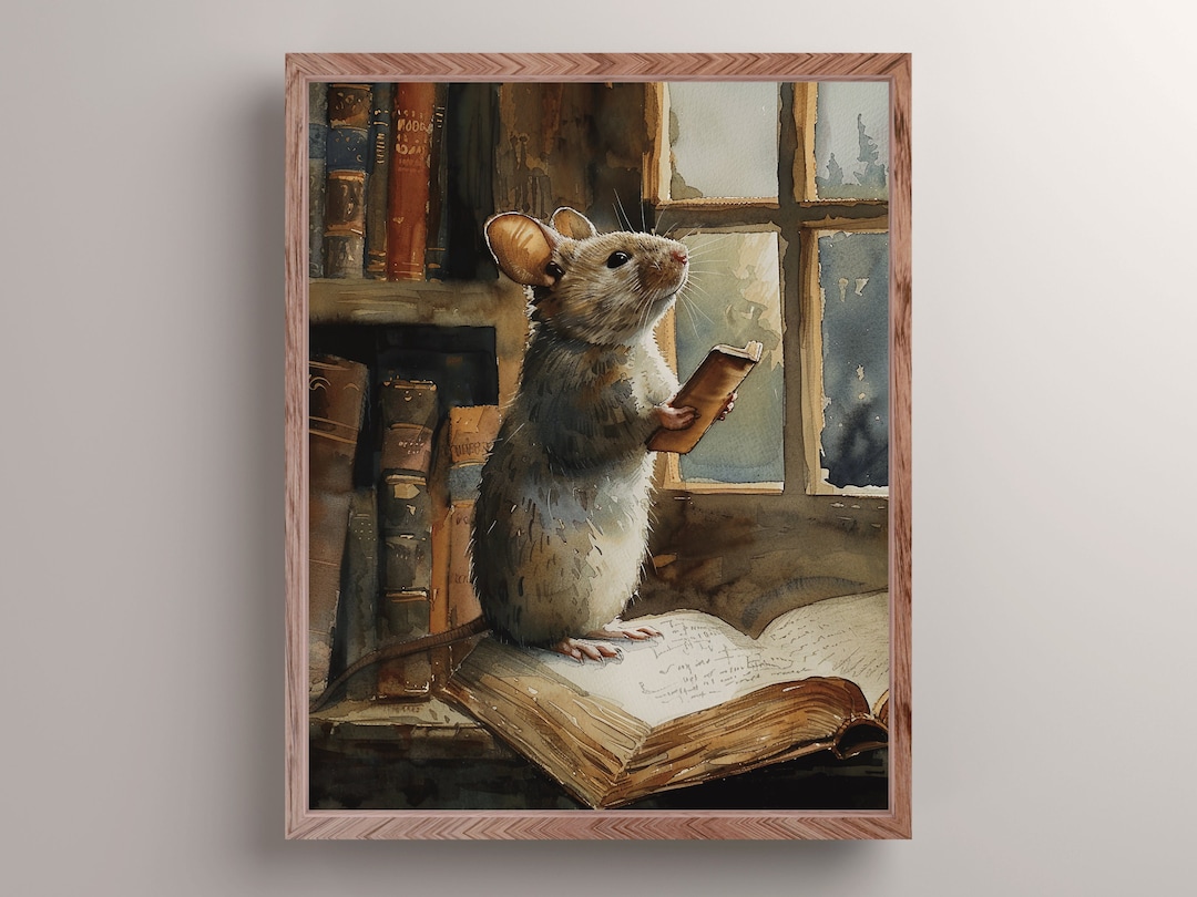 Whimsy Cottage Library Mouse Art Print, Book Nook Wall Decor ...